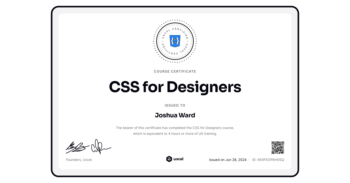 Certificate of completion for CSS Foundations | Uxcel